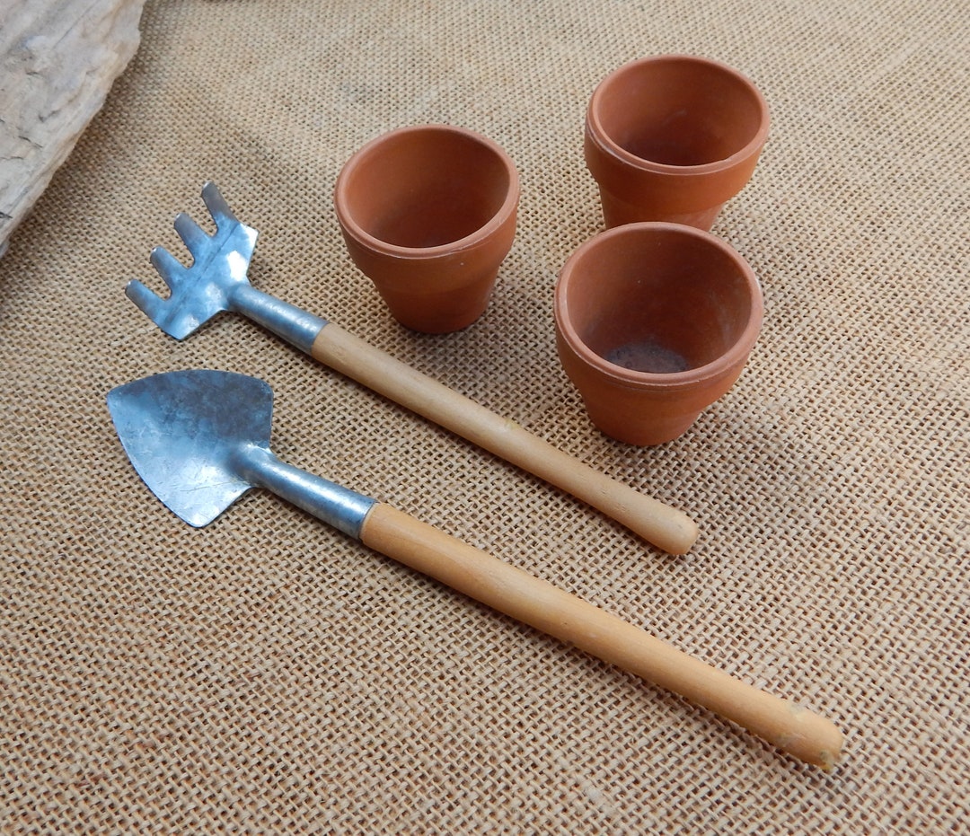 3 Mini Terra Cotta Pots & Small Wood Handle Gardening Tools Plus 4 Tiny ...