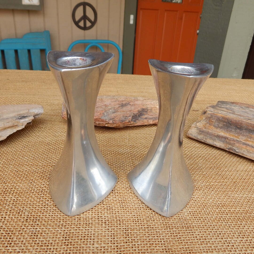 Nambe' E 594 Tri Corner Candlestick Holders (pair) ~ 1960's Nambe' Tri ...