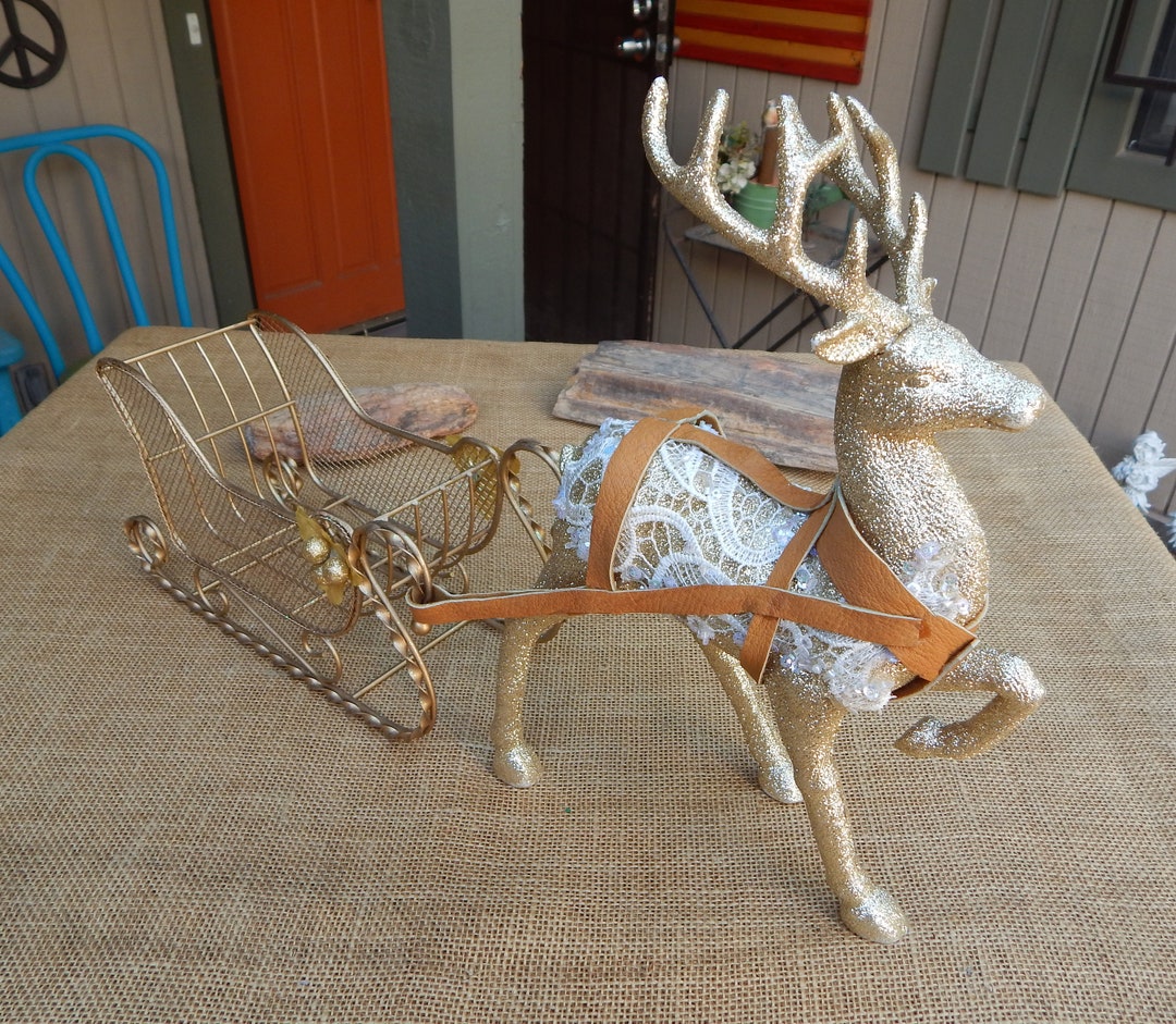 Gold Glitter Reindeer With Metal Sleigh / Large Reindeer Sleigh Holiday ...