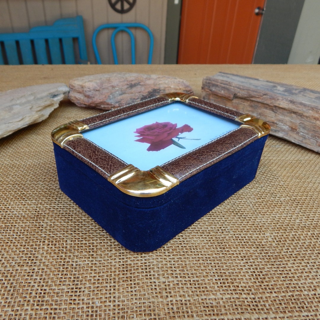 Royal Blue Velvet Photo Frame Jewelry Box ~ Faux Leather & Brass Photo ...