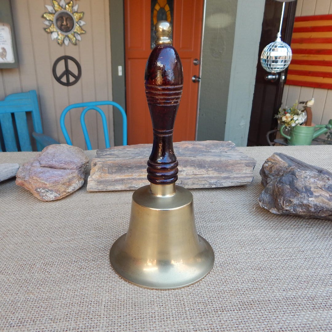 Vintage Brass School Bell With Wood Handle ~ Solid Thick Brass Handheld ...
