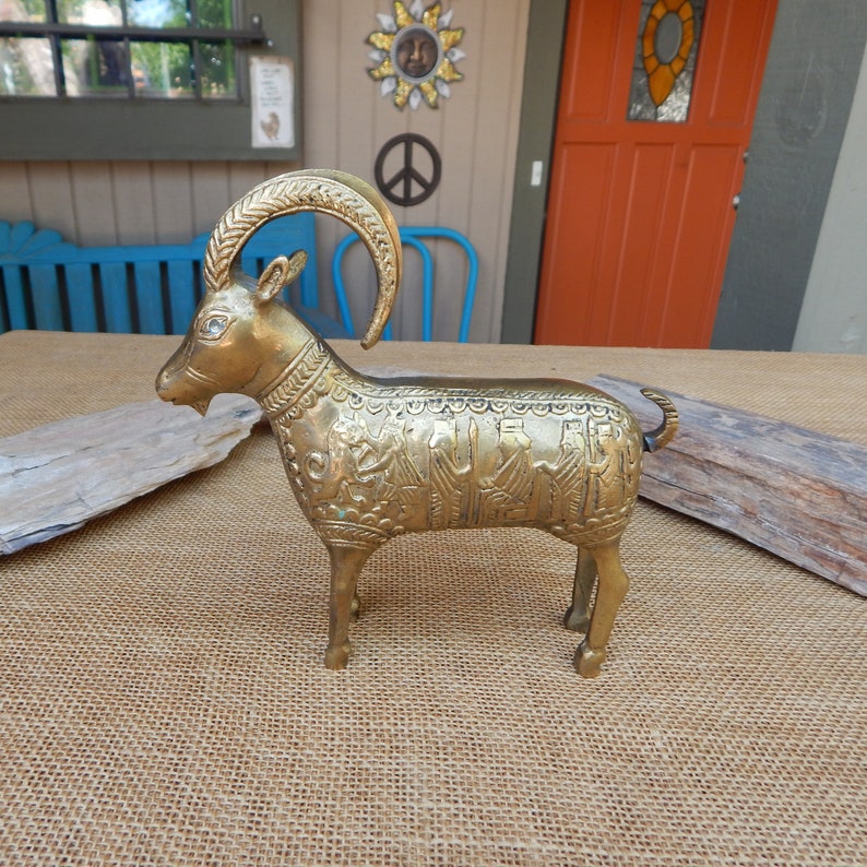 Mid Century Persian Ram or Ibex ~ Hieroglyphic Style Embossing on Brass ...