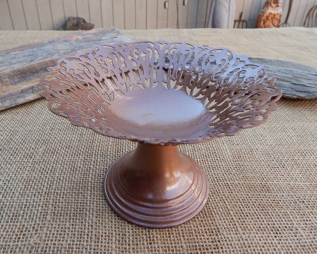 Filigree Pedestal Basket or Bowl / Hammered Copper Finish Over Brass ...