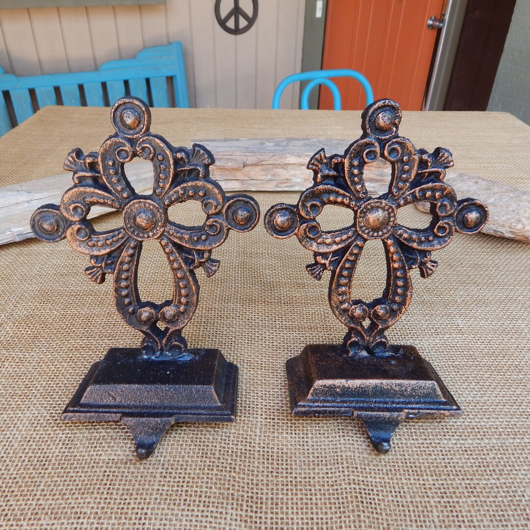 2 Cast Iron Ornate Cross Stocking Holders ~ Pair Cast Iron Antique ...