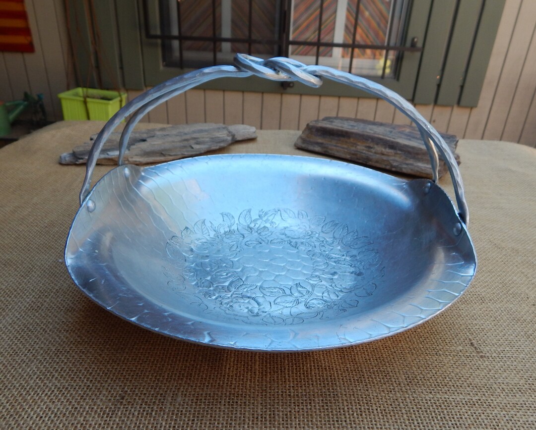 World Hand Forged Aluminum Basket With Knotted Handle / Hammered With ...