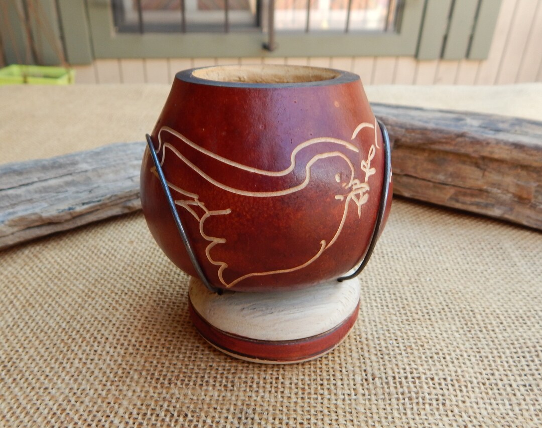 Vintage Uruguay Carved Gourd on Stand With Peace Dove / Etched Peace ...