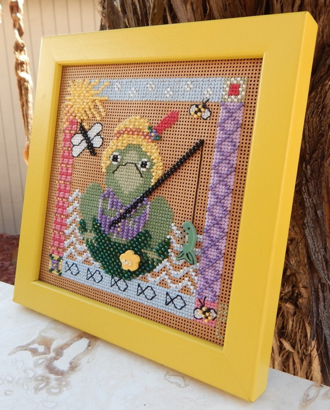 Beaded Cross Stitched Frog / Fishing Frog Cross Stitch With - Etsy