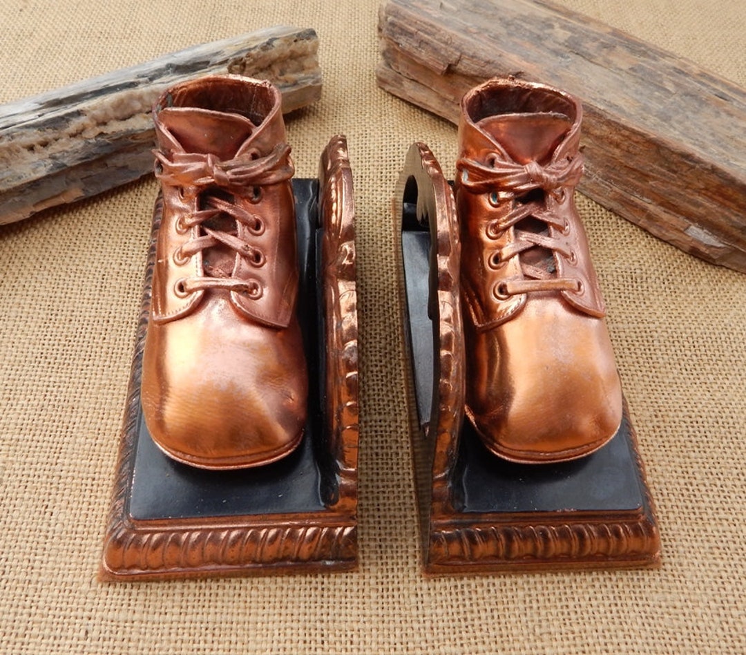 Copper Baby Shoe Bookends / Bronze Baby Shoe Bookends / Mid Century ...