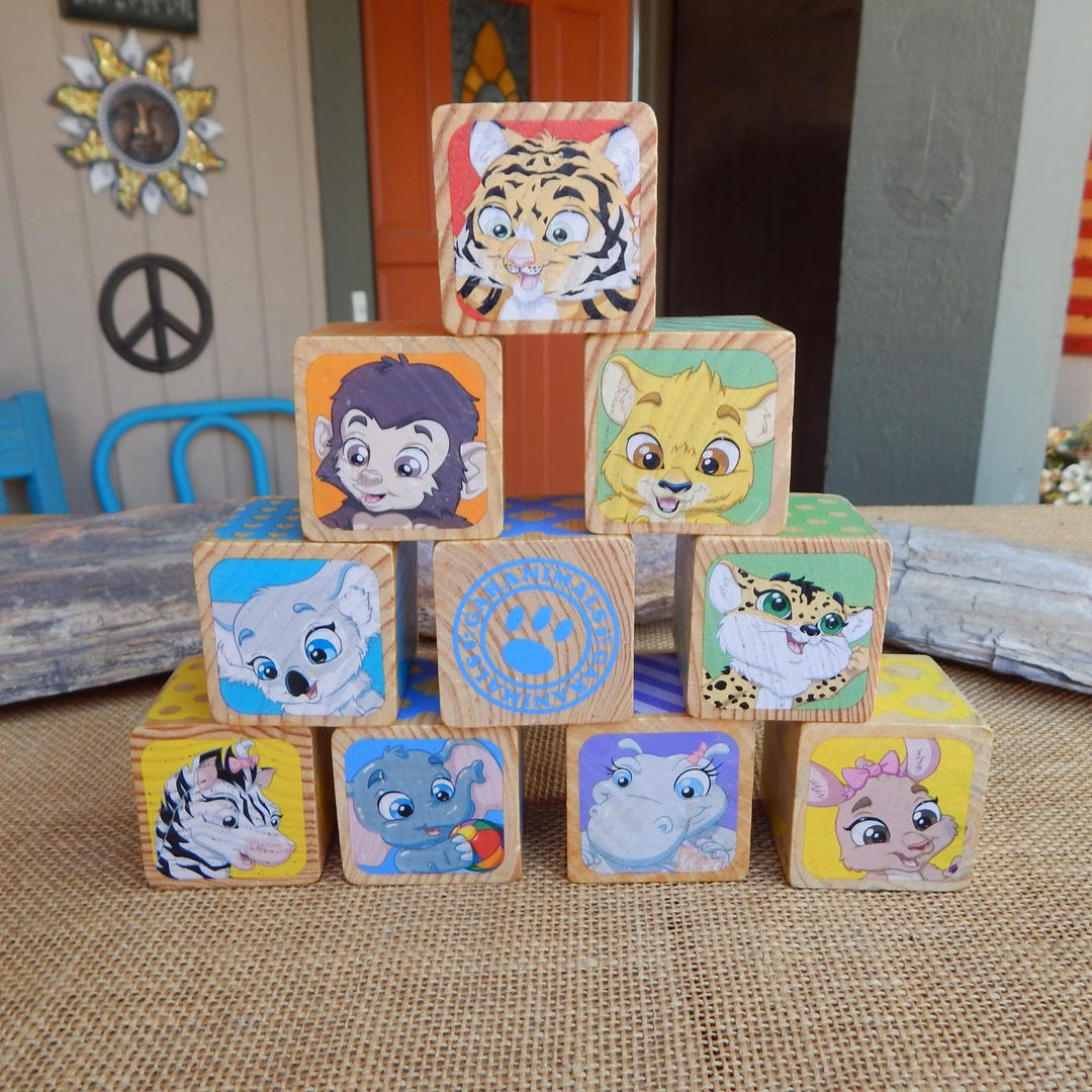 10 Solid Wood Garanimals Building Blocks ~ 1 3/4" X 1 3/4" Wood Blocks ...
