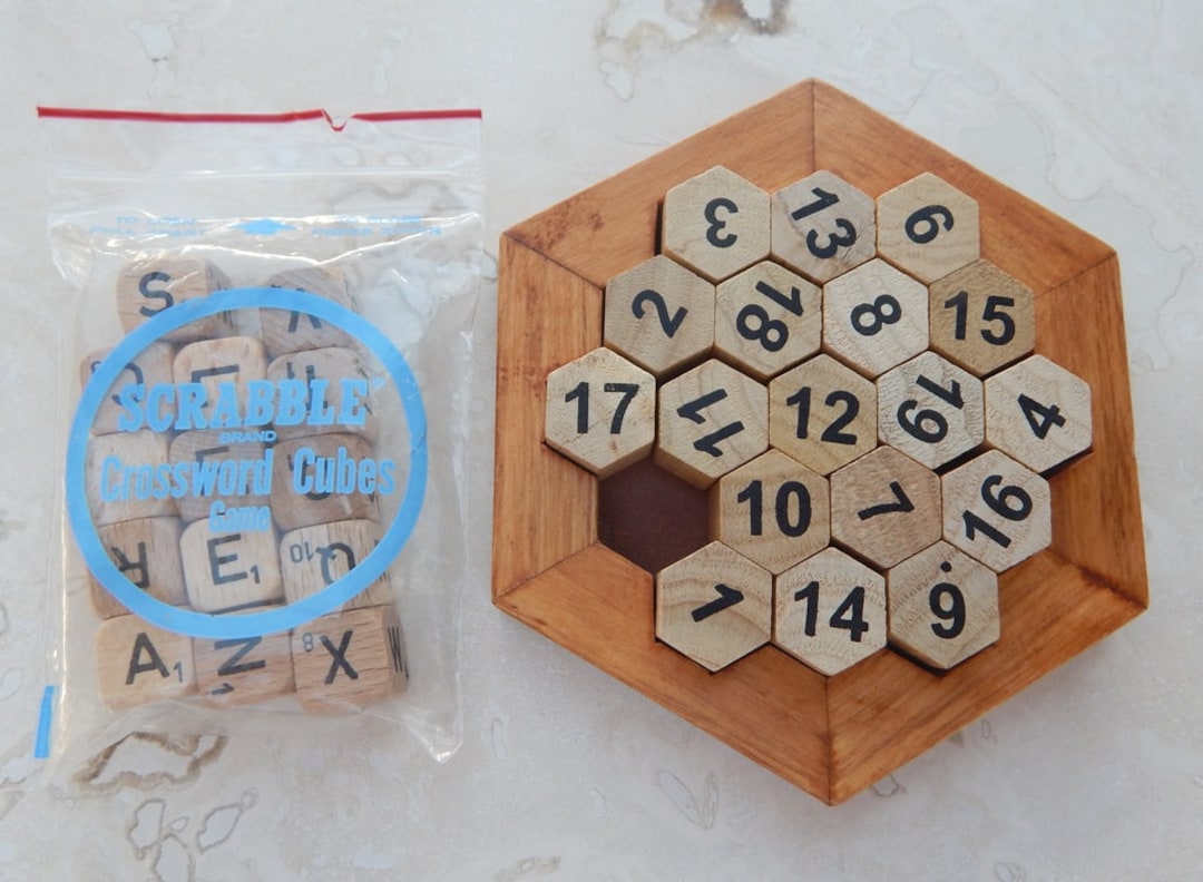 32 Piece & Tray ~ 14 Wood Scrabble Cubes and 18 Wood Hexagon Number ...