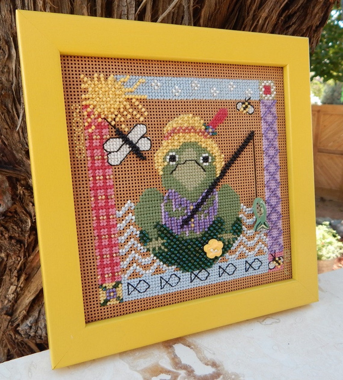 Beaded Cross Stitched Frog / Fishing Frog Cross Stitch With - Etsy