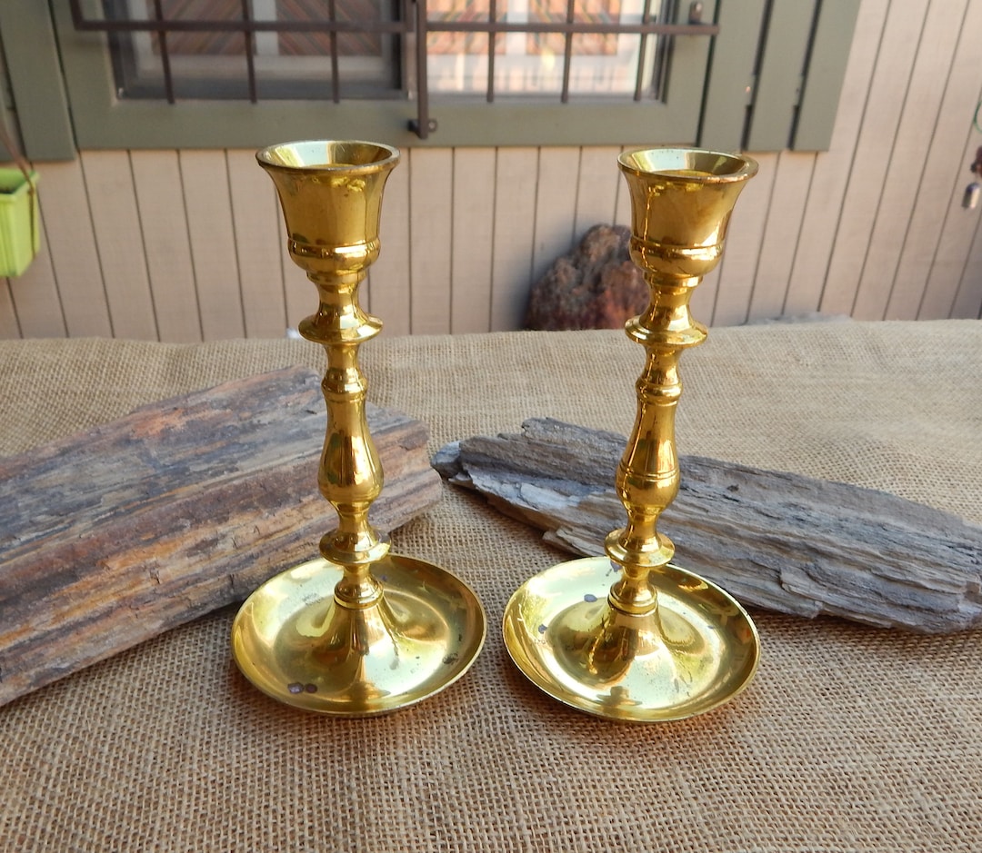 2 Brass Plated Candlestick Holders / Heavy Brass Plated Candlestick ...