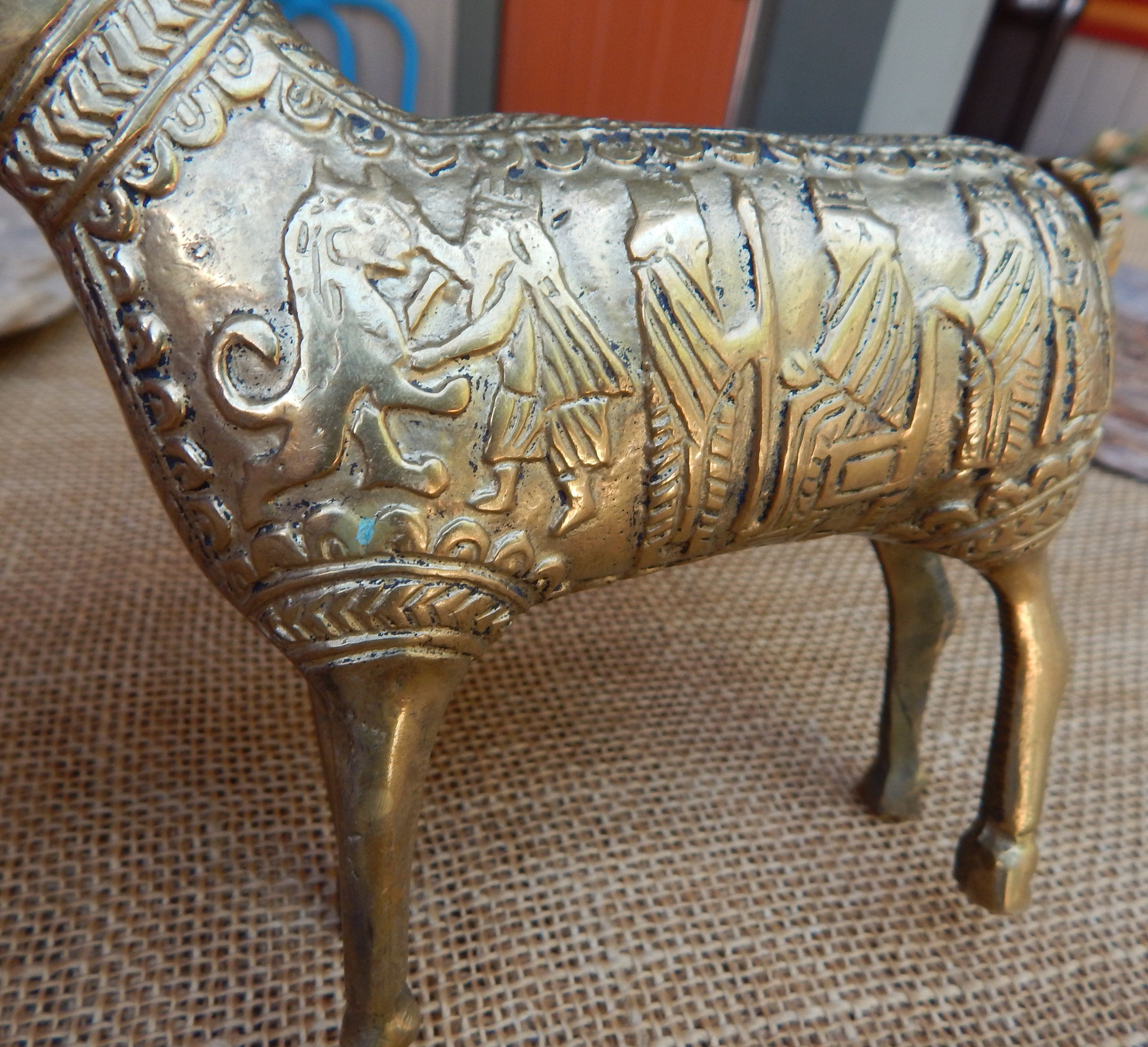 Mid Century Persian Ram or Ibex ~ Hieroglyphic Style Embossing on Brass ...