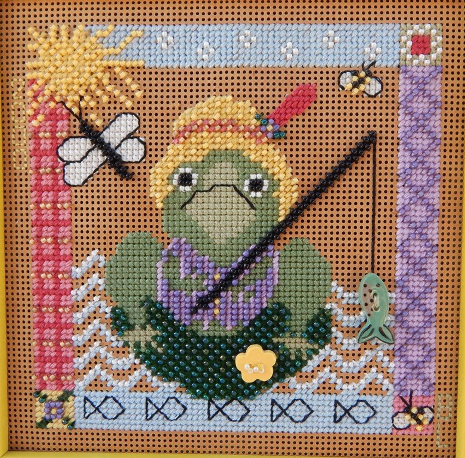 Beaded Cross Stitched Frog / Fishing Frog Cross Stitch With - Etsy