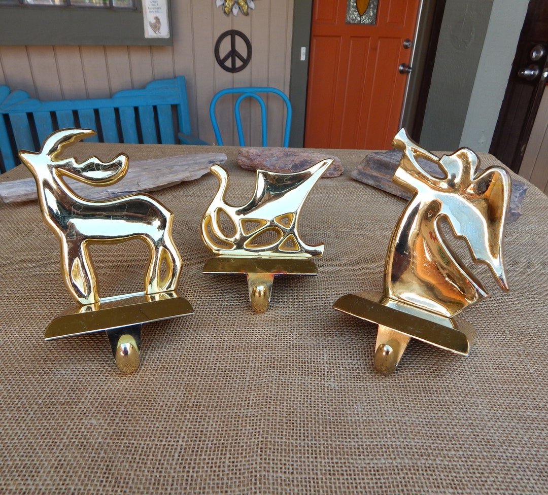 3 Vintage Gold Finished Metal Stocking Holders ~ Set of 3 Stocking ...