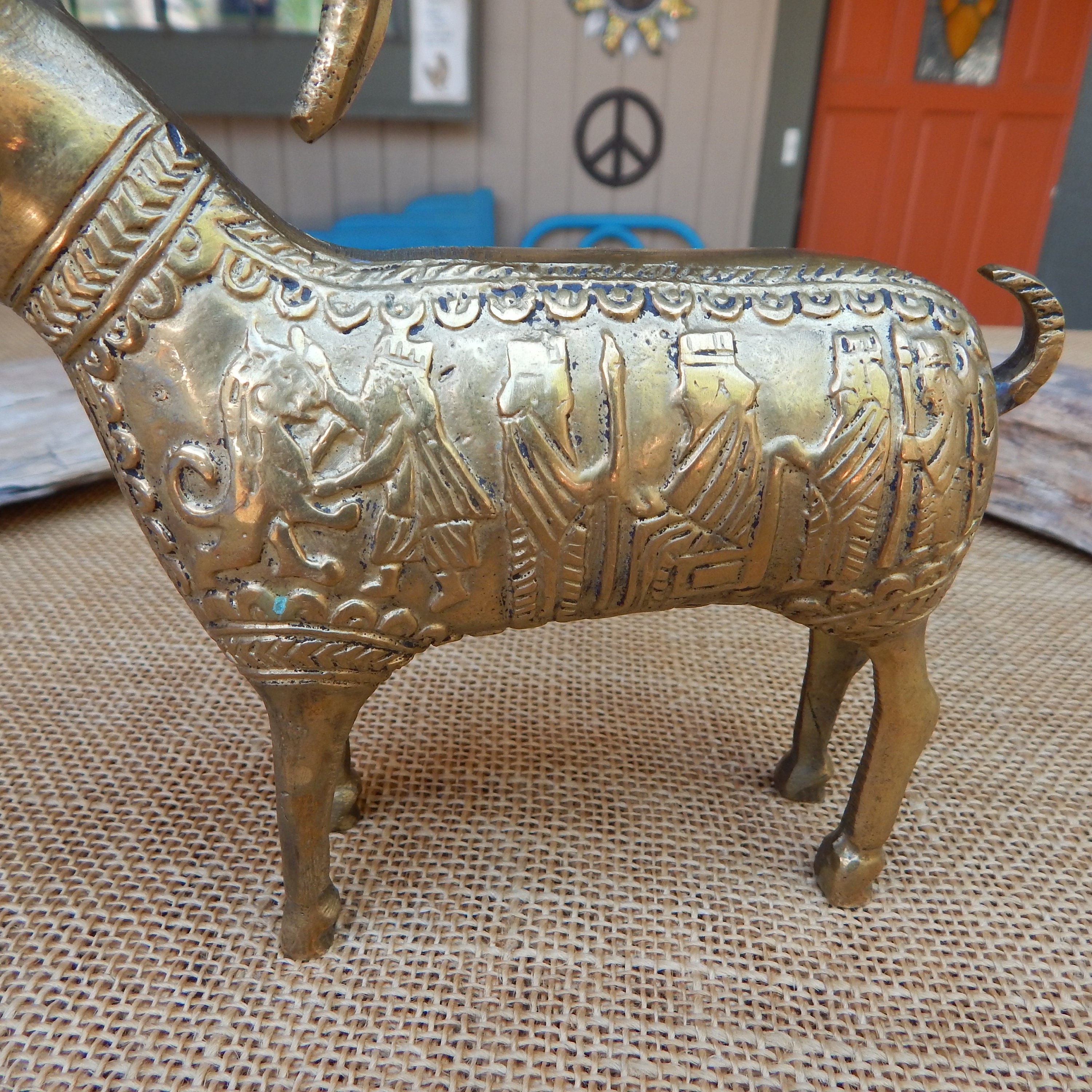 Mid Century Persian Ram or Ibex ~ Hieroglyphic Style Embossing on Brass ...