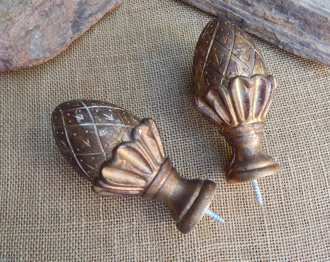 2 (two) Pineapple Finials / Reclaimed Finials ~ Distressed Antique Gold ...