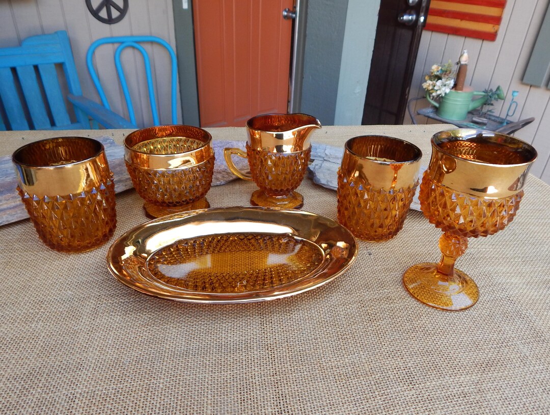 6 Indiana Glass Diamond Point Amber Glass Serving Pieces With Gold Band ...