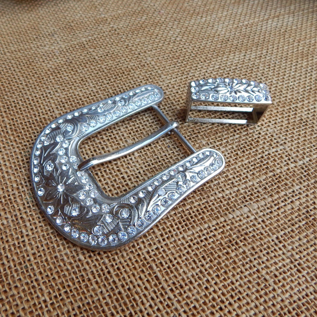 Vintage Large Silver Metal & Rhinestone Floral Belt Buckle With Slide ...