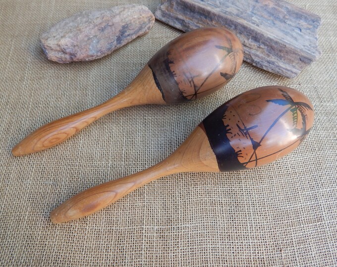 Natural Stained Wood Maraca's ~ Matched Pair / 12" Mexico Souvenir ...