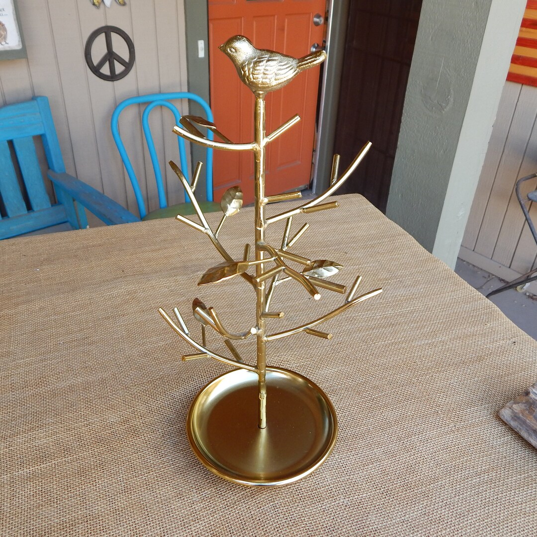 Brass Finish Jewelry Tree With Bird Topper ~ Footed Jewelry Tree With ...