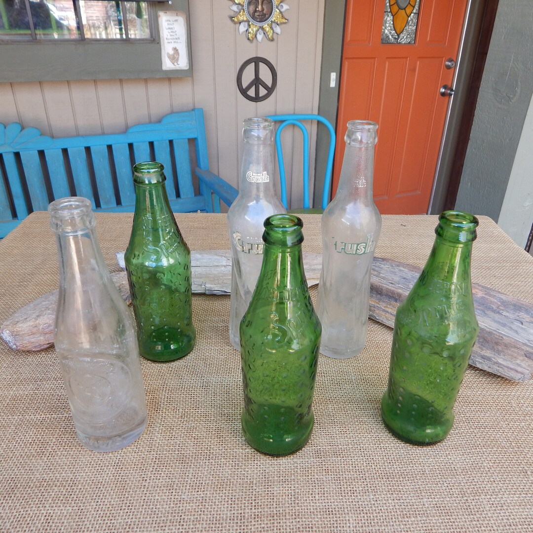 6 Old Soda Bottles 1940's Dr. Pepper 1950's Orange Crush 1970's Sprite ...