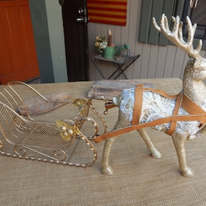 Gold Glitter Reindeer With Metal Sleigh / Large Reindeer Sleigh Holiday ...