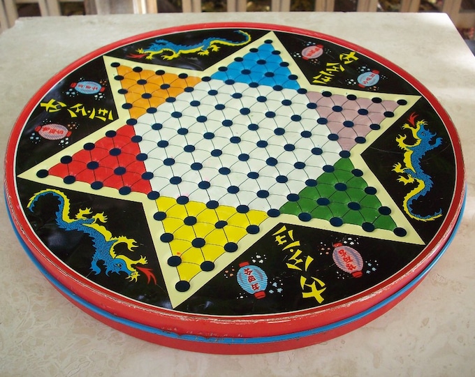 Vintage Chinese Checkers Game Board Metal Chinese Checkers Round Tin ...