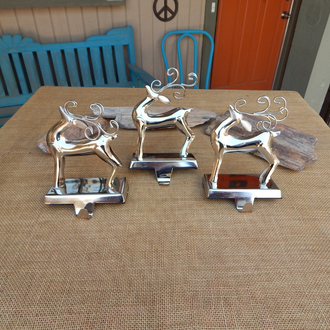 3 Reindeer Stocking Holders 3 Vintage Shiny Silver Metal Reindeer ...