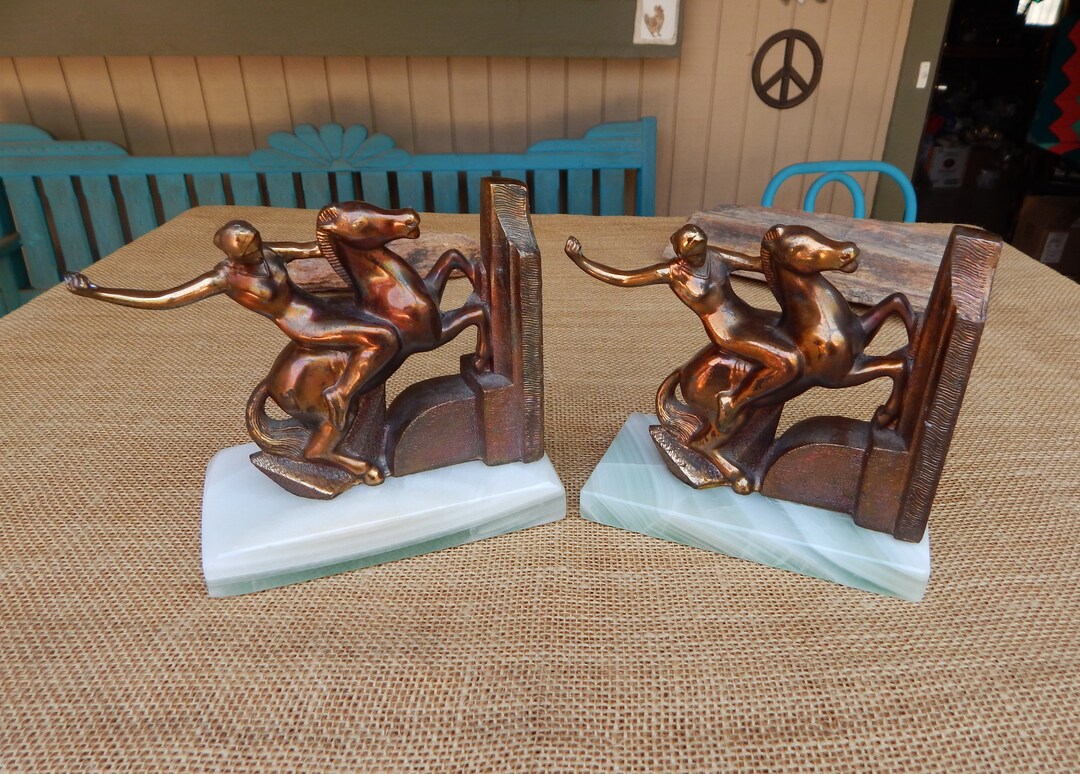 Artemetalica Woman Bucking Bronco Rider Bookends ~ Green Banded Onyx ...