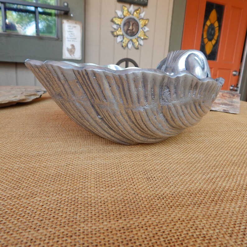 Large Thick Pressed Aluminum Sea Shell Bowl ~ Silver Metal Sea Shell ...