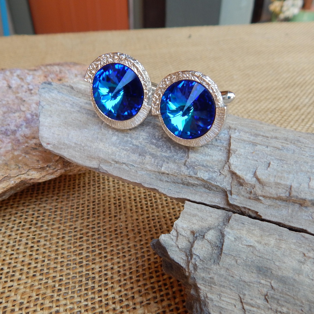 Cobalt Blue Crystal Cuff Links ~ Multi Faceted Peaked Crystal With ...