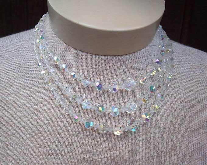 3 Strand Crystal Necklace Early 1900's / Crystal Aurora Borealis 3 ...