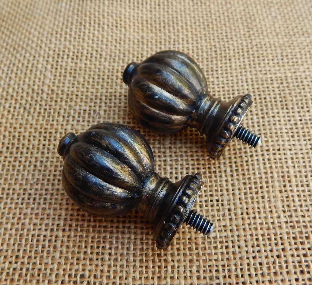 Pair 2 Small Composite Melon Finials Black Antiqued With Gold Finish ...