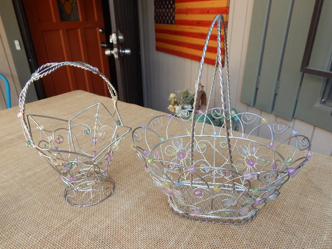 2 Beaded Silver Wire Floral Baskets ~ Pedestal Base / Twisted Wire ...