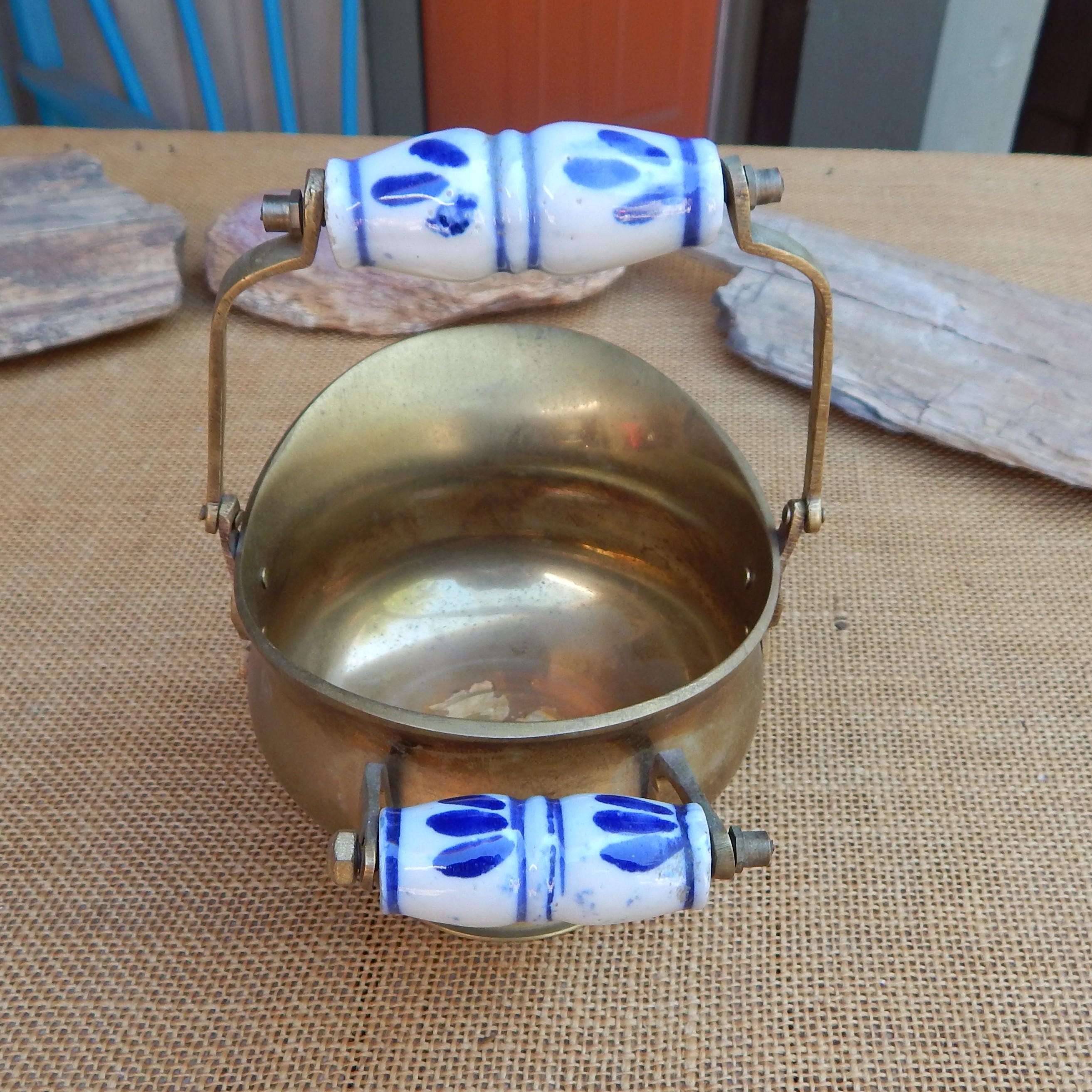 Vintage Solid Brass Small Scuttle With Delft Blue Ceramic Handles ...