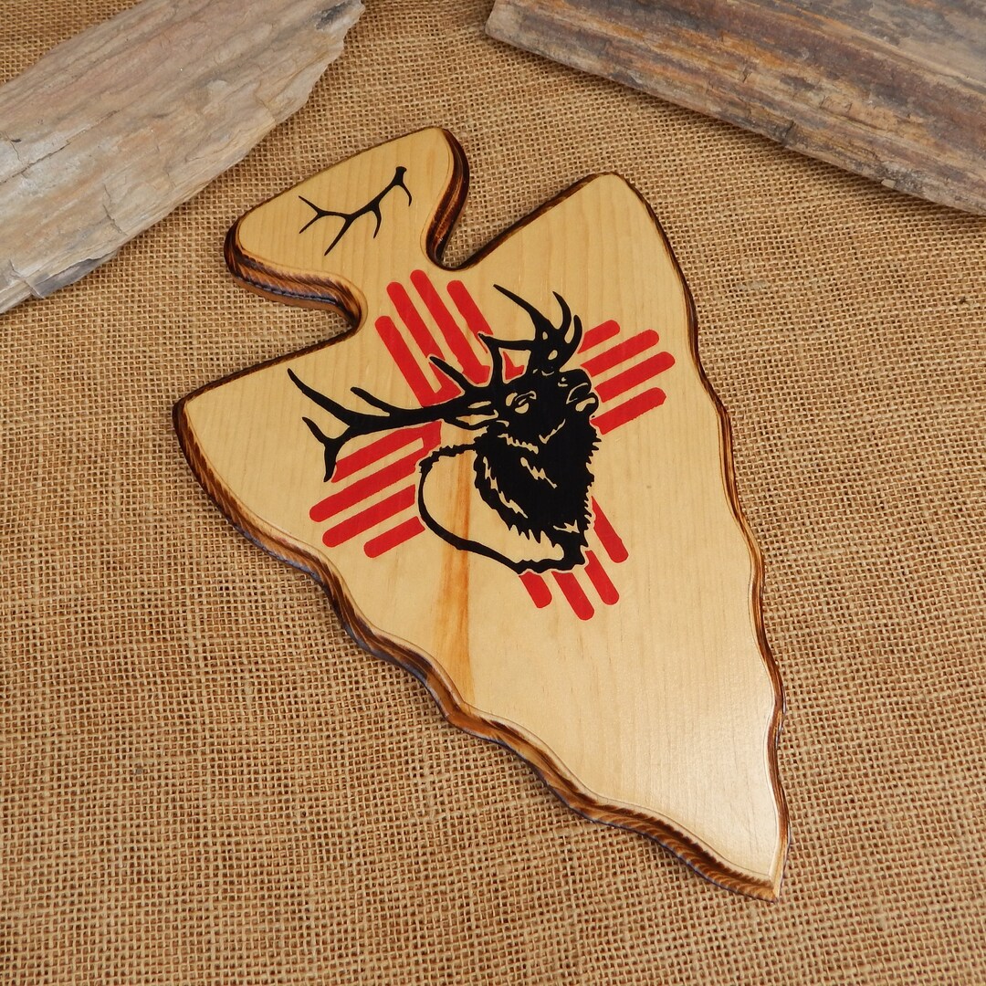 Solid Wood Arrowhead With Stenciled Elk and Zia Symbol Wall Art ...