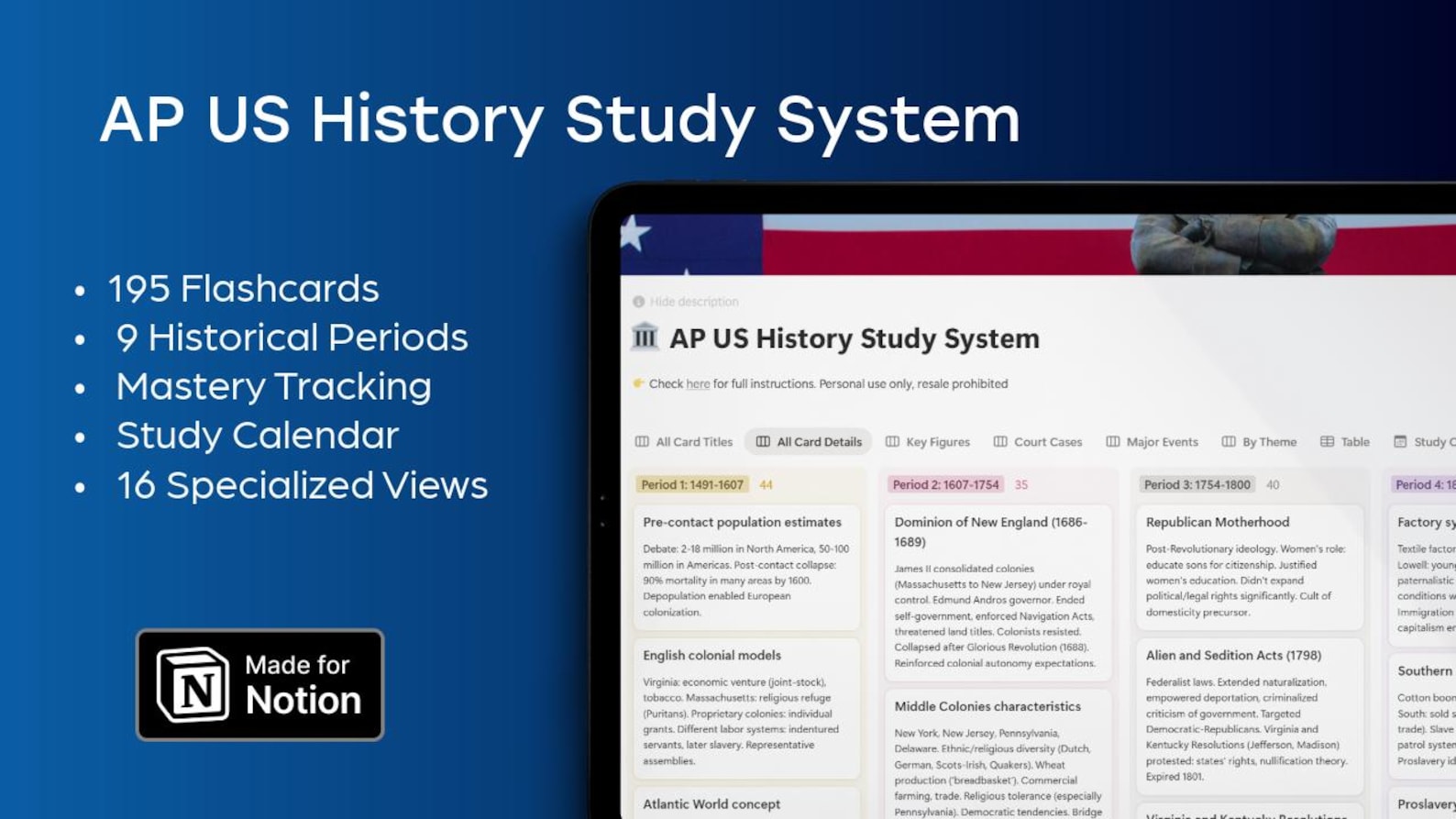AP US History Notion Template - 195 Flashcards Study System for Exam ...