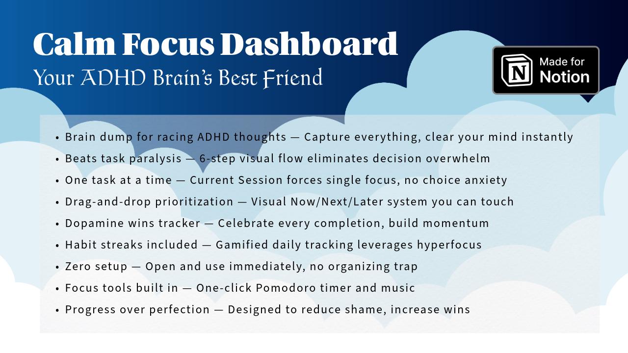ADHD Notion Template | Focus Dashboard, Task Management (digital ...