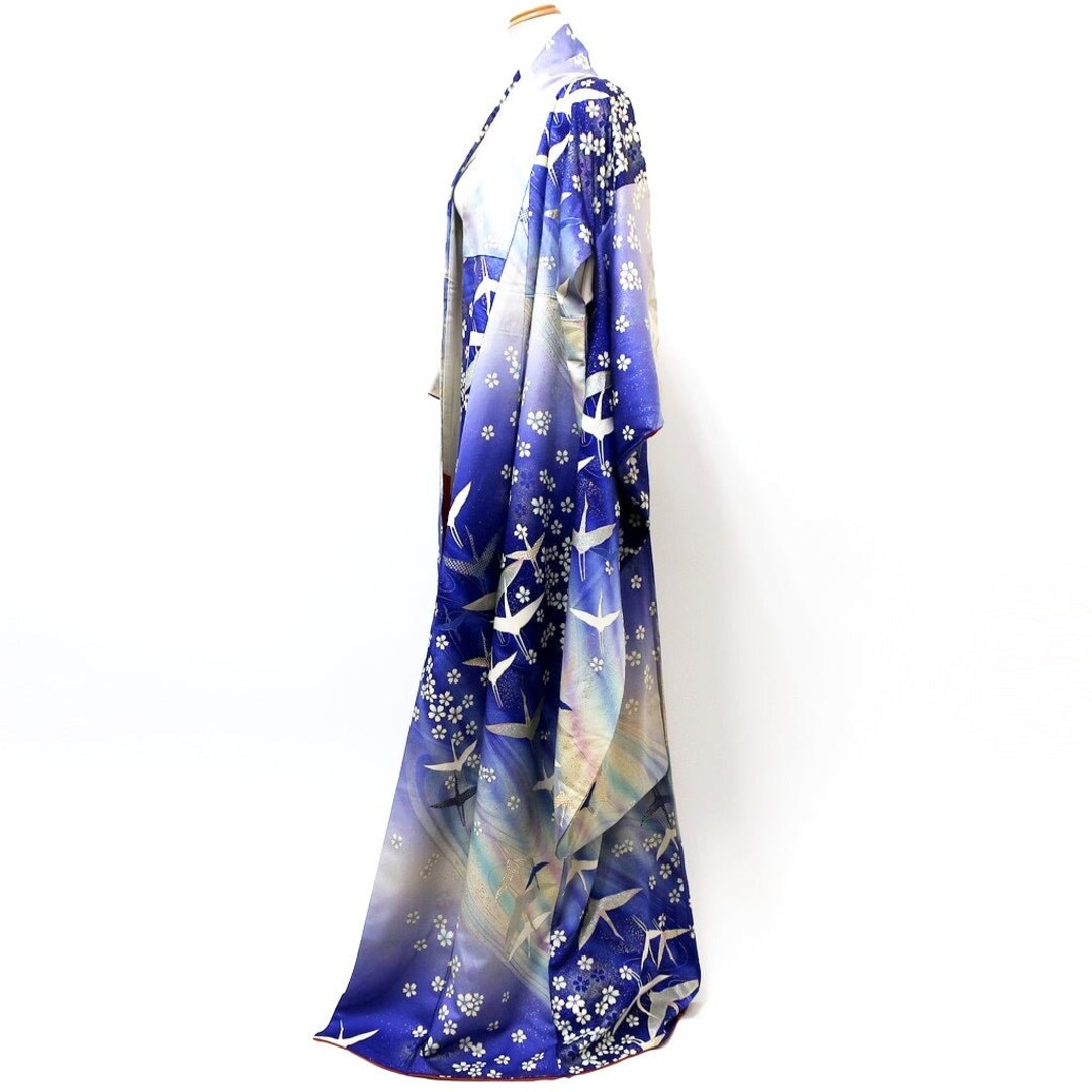 Furisode Blue Gold Silver Crane Birds Cherry Blossom Silk 8937B5 - Etsy