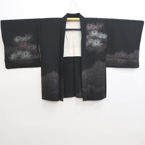 Haori Jacket Vintage(1950-1980) Black Silver Chrysanthemum Silk #9773A4 ...