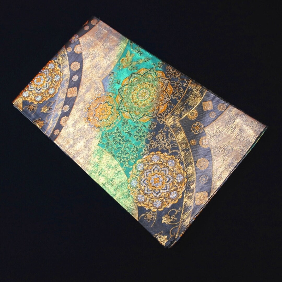 Fukuro Obi Vintage(1950-1980) Green Gold Silver Flower Birds Silk ...