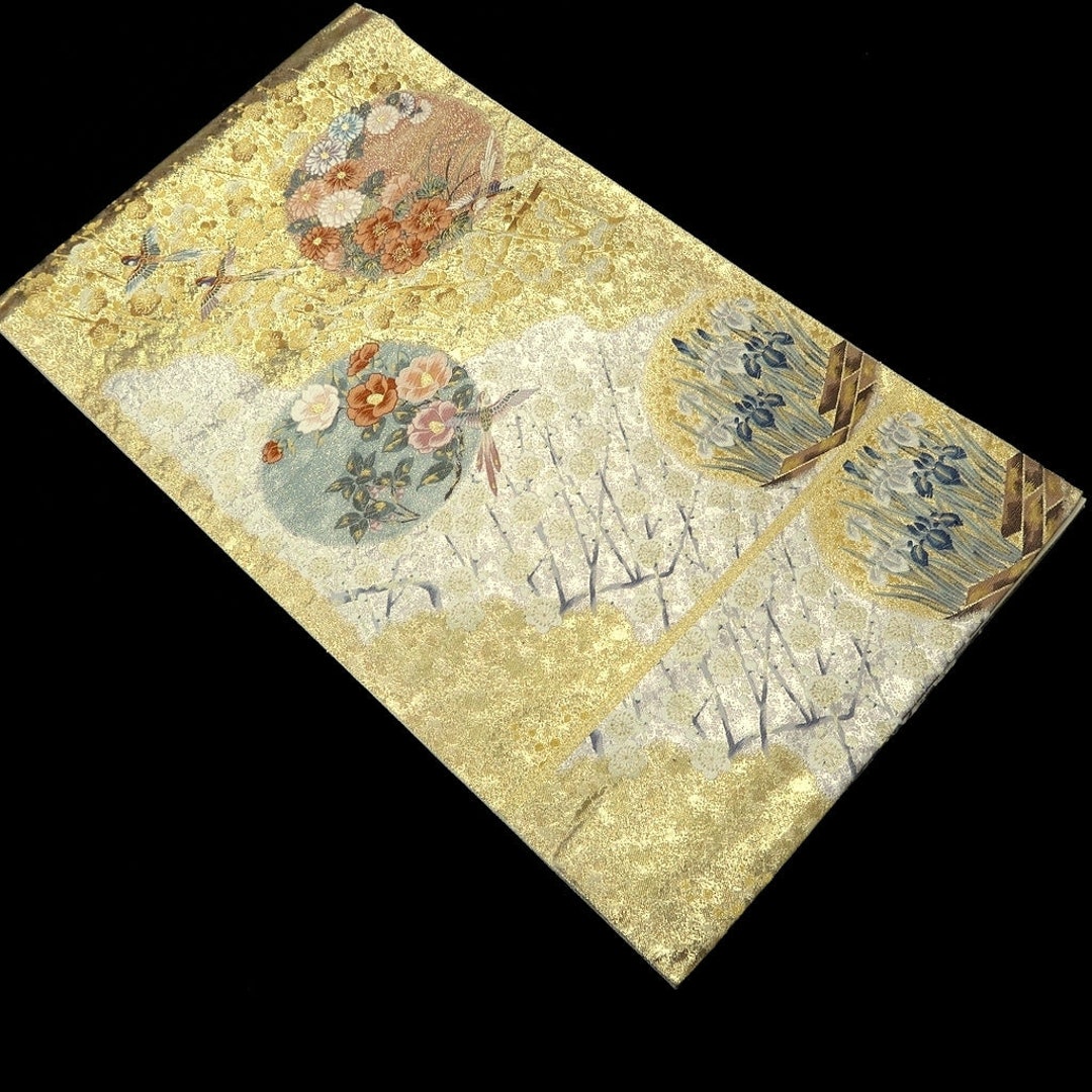 Fukuro Obi Gold Silver Birds Plum Blossom Iris Silk BB217V3 - Etsy