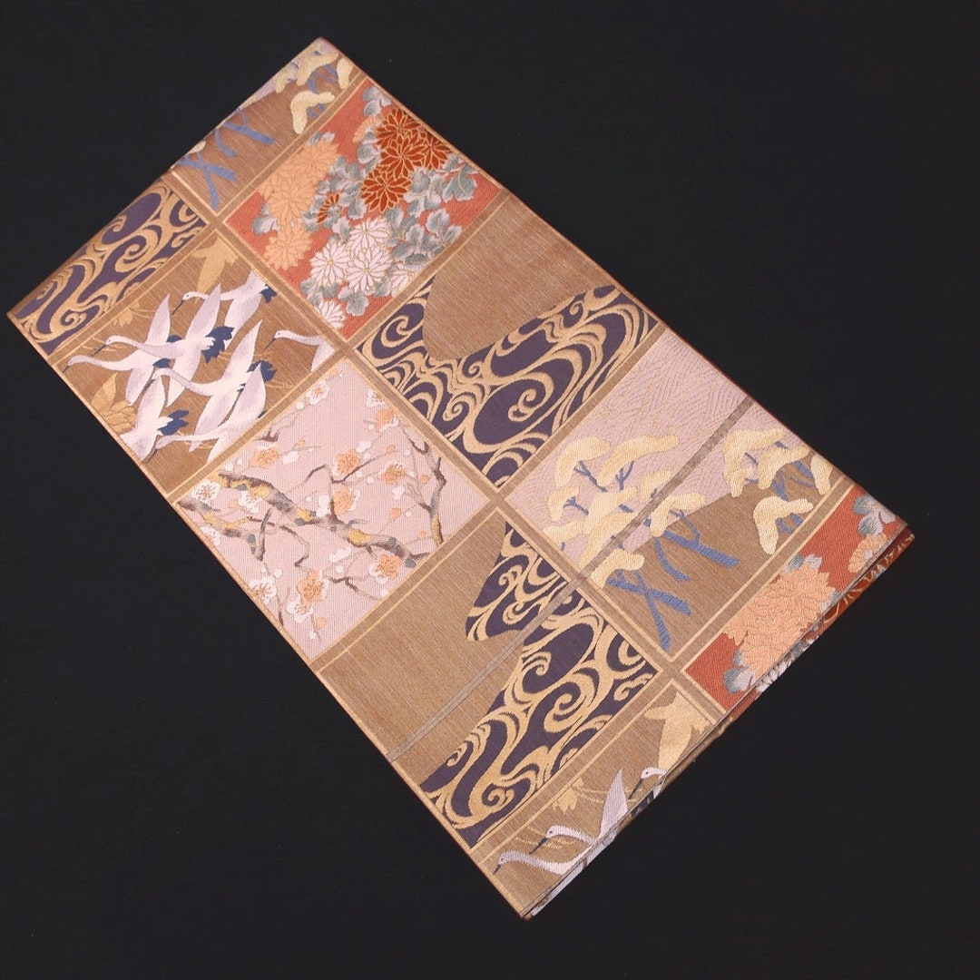 Fukuro Obi Vintage(1950-1980) Gold Crane Birds Plum Blossom Irogami ...