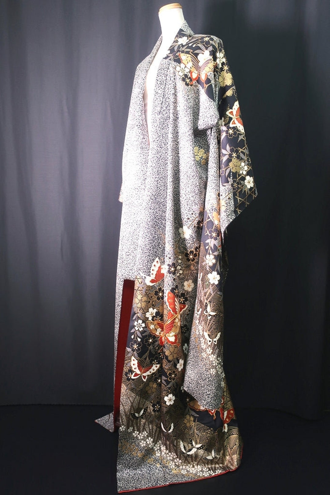 Furisode Black Gold White Butterfly Sakura Tall Silk #8775A2 - Etsy