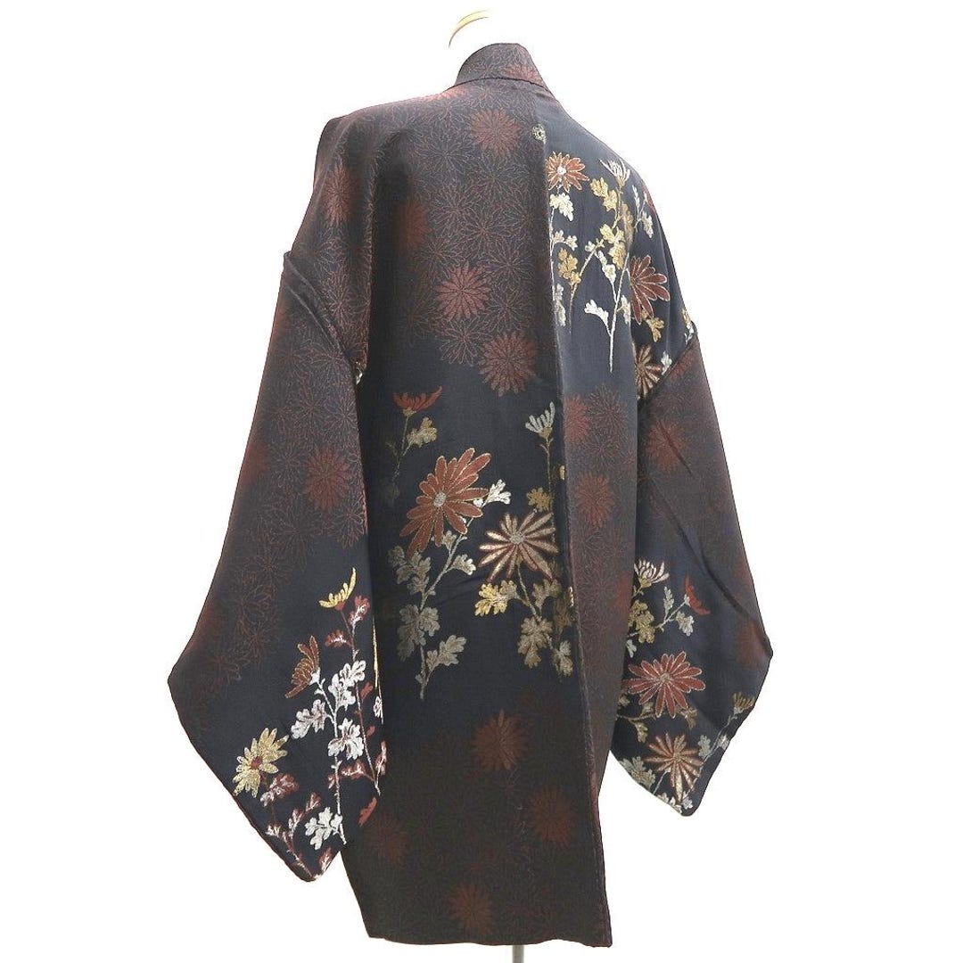 Haori Jacket Vintage(1950-1980) Black Gold Silver Chrysanthemum Silk ...