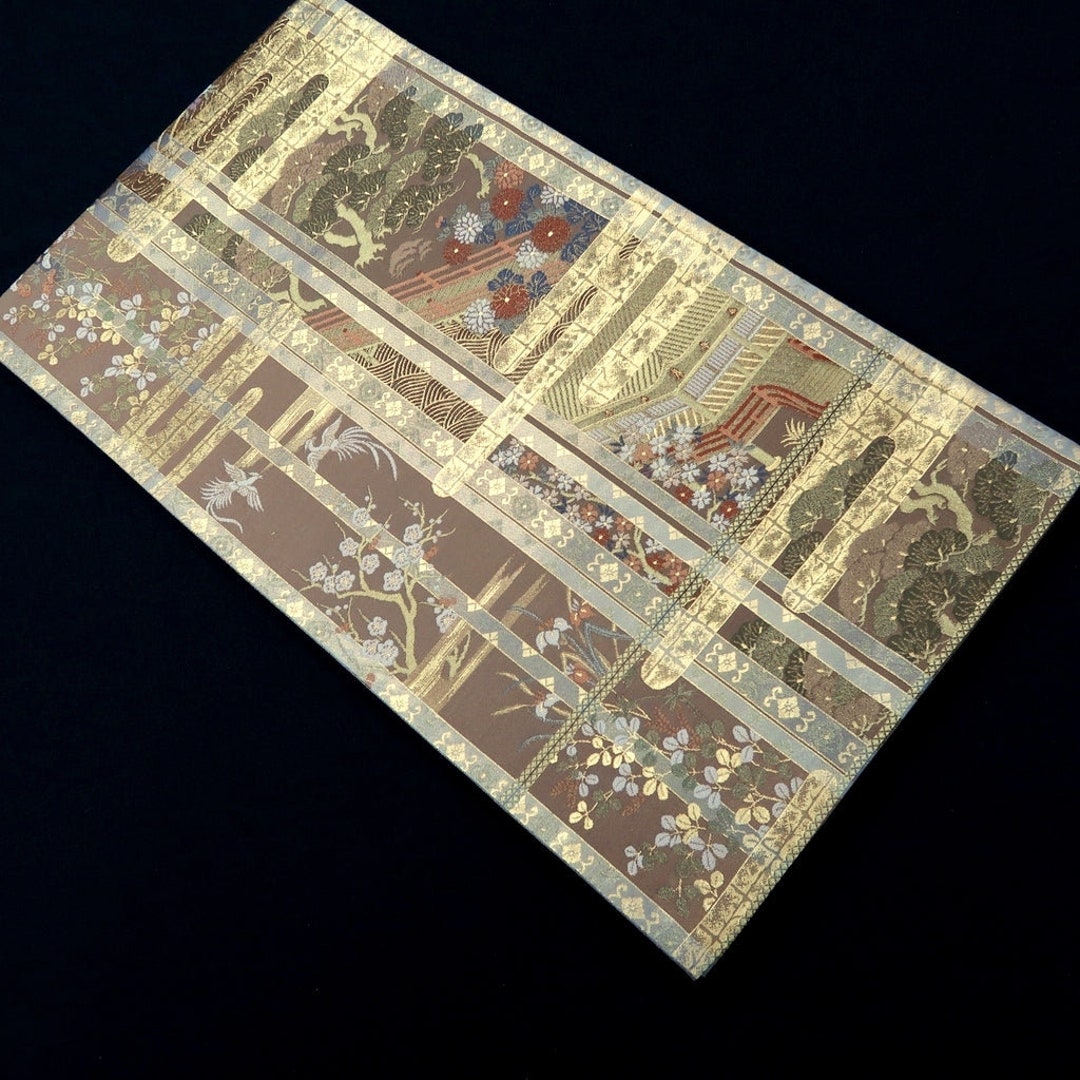 Fukuro Obi Light Brown Gold Crane Birds Peony Palace Silk BB214V3 - Etsy