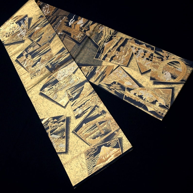 Fukuro Obi Vintage (1950-1980) Złoty Czarny Hokusai Fugaku-Sanjurokkei ...