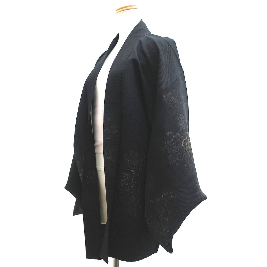 Haori Jacket Vintage(1950-1980) Black Silver Gold Chrysanthemum Silk ...