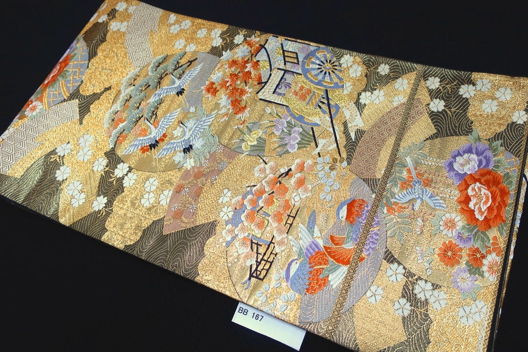 Fukuro Obi Gold Crane Birds Pine Tree Maple Leaf Silk BB167W2 - Etsy